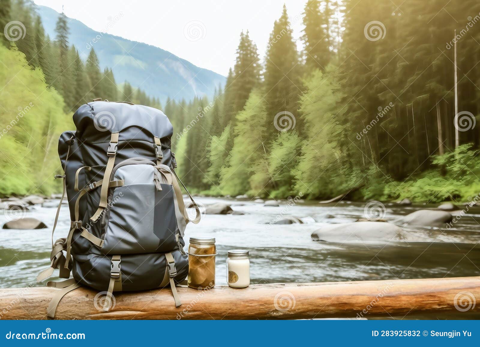 Travle Backpack and River with Forest. Created Generative Ai Stock ...