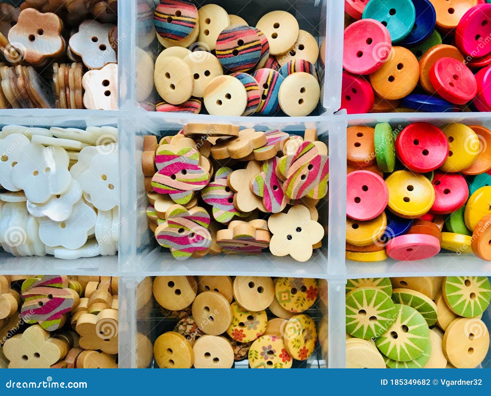 Tray of assorted buttons stock photo. Image of shape - 185349682