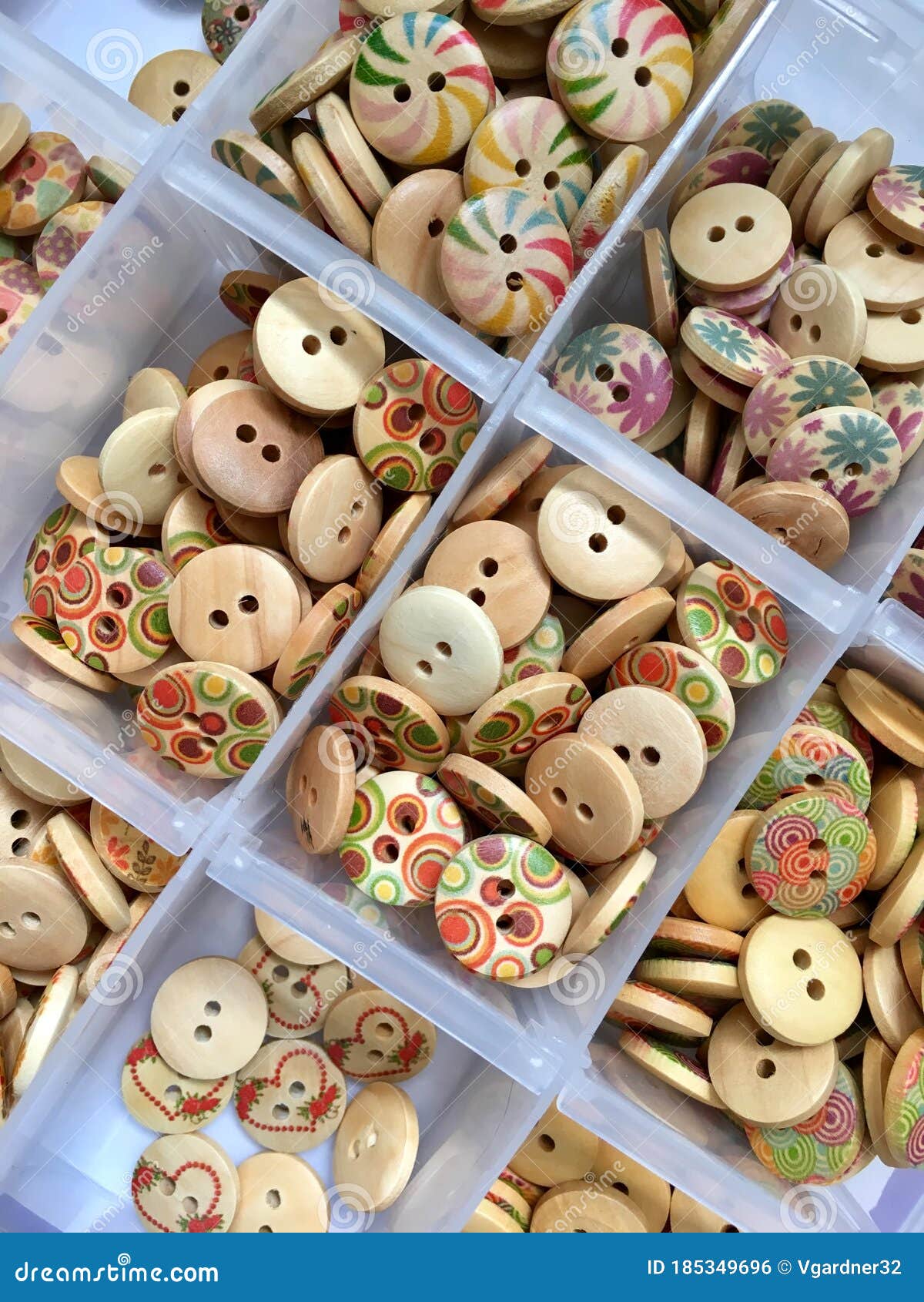 Tray of assorted buttons stock photo. Image of shape - 185349696