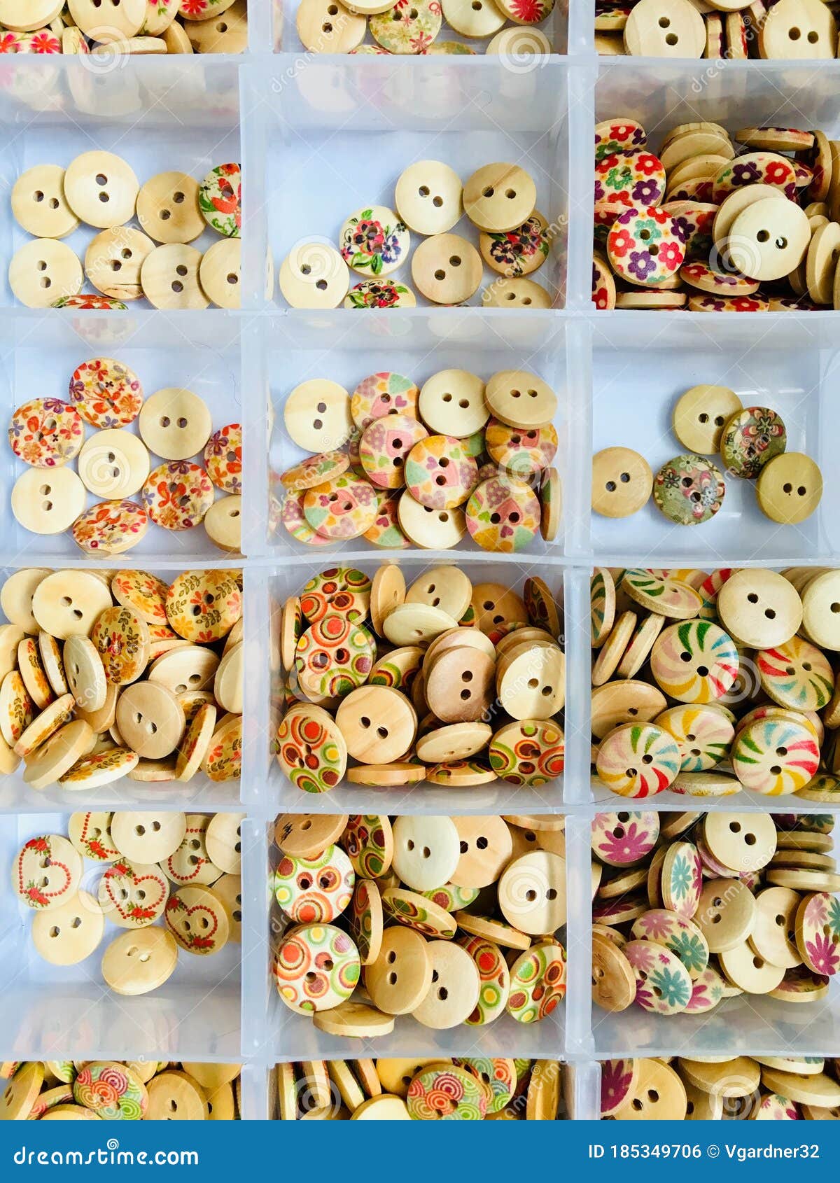 Tray of assorted buttons stock photo. Image of colour - 185349706