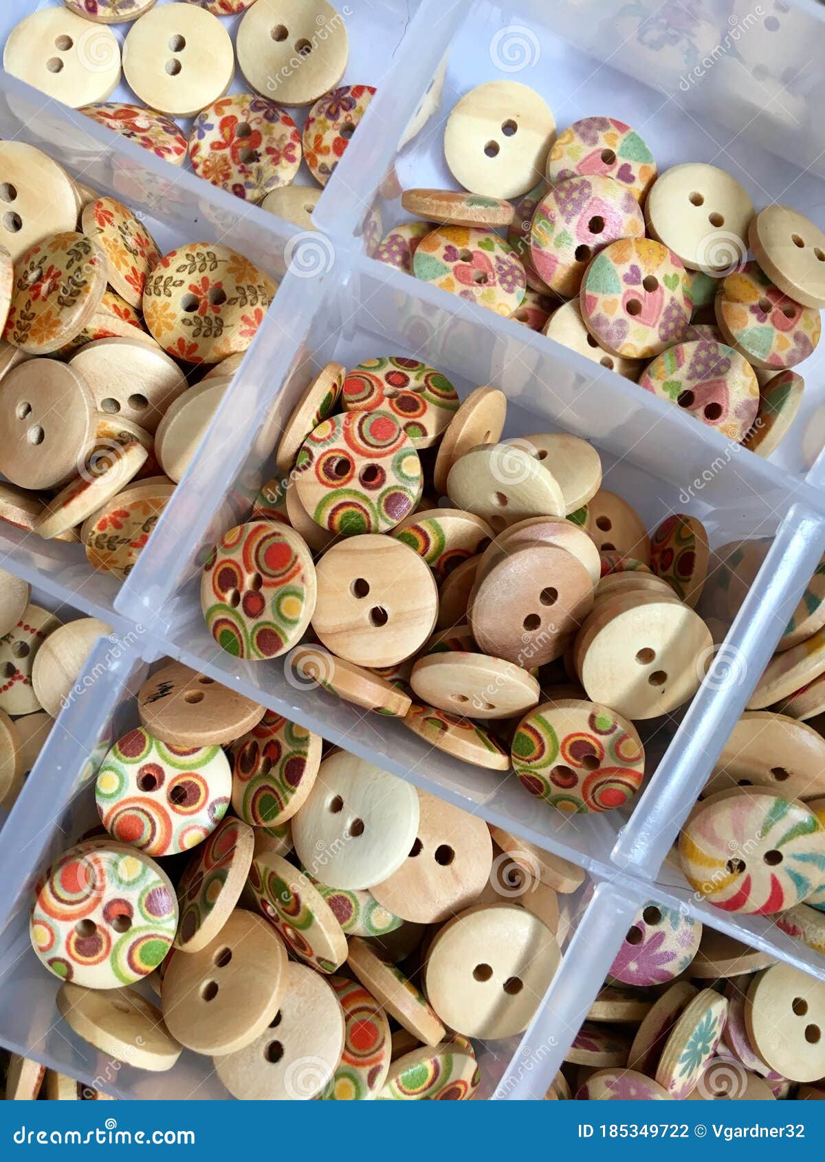 Tray of assorted buttons stock photo. Image of sewing - 185349722