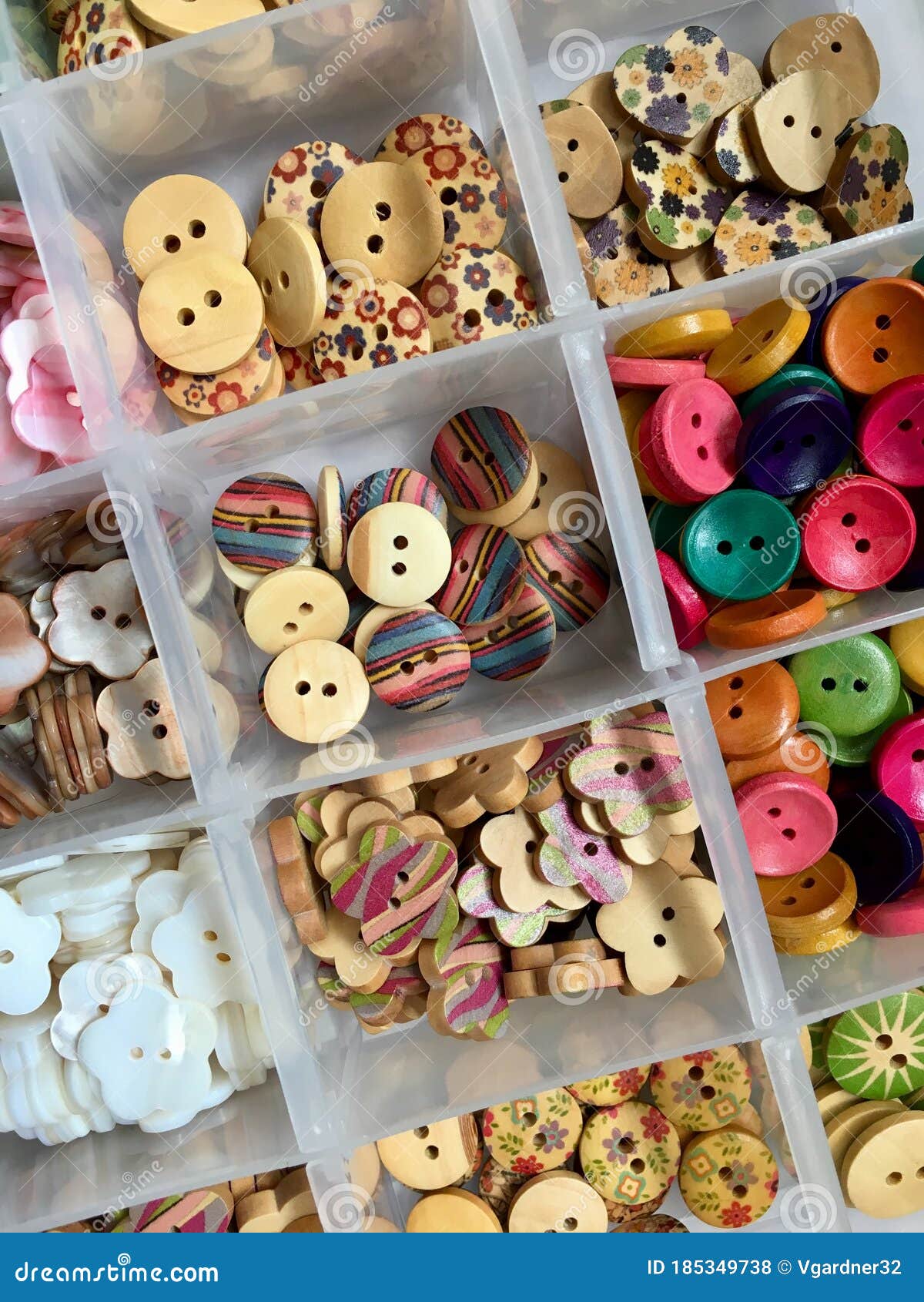 Tray of assorted buttons stock photo. Image of colour - 185349738