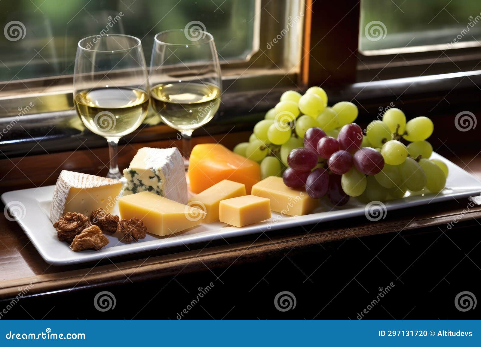 Tray of Assorted Cheese and Grapes on a Train Dining Table Stock Photo ...