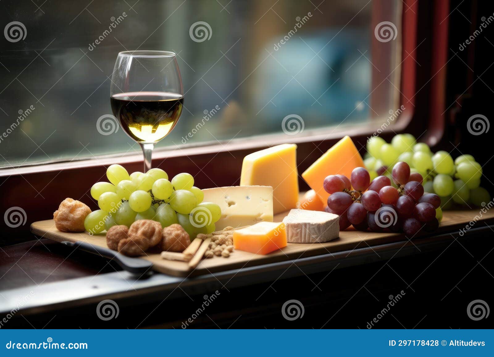 Tray of Assorted Cheese and Grapes on a Train Dining Table Stock Photo ...