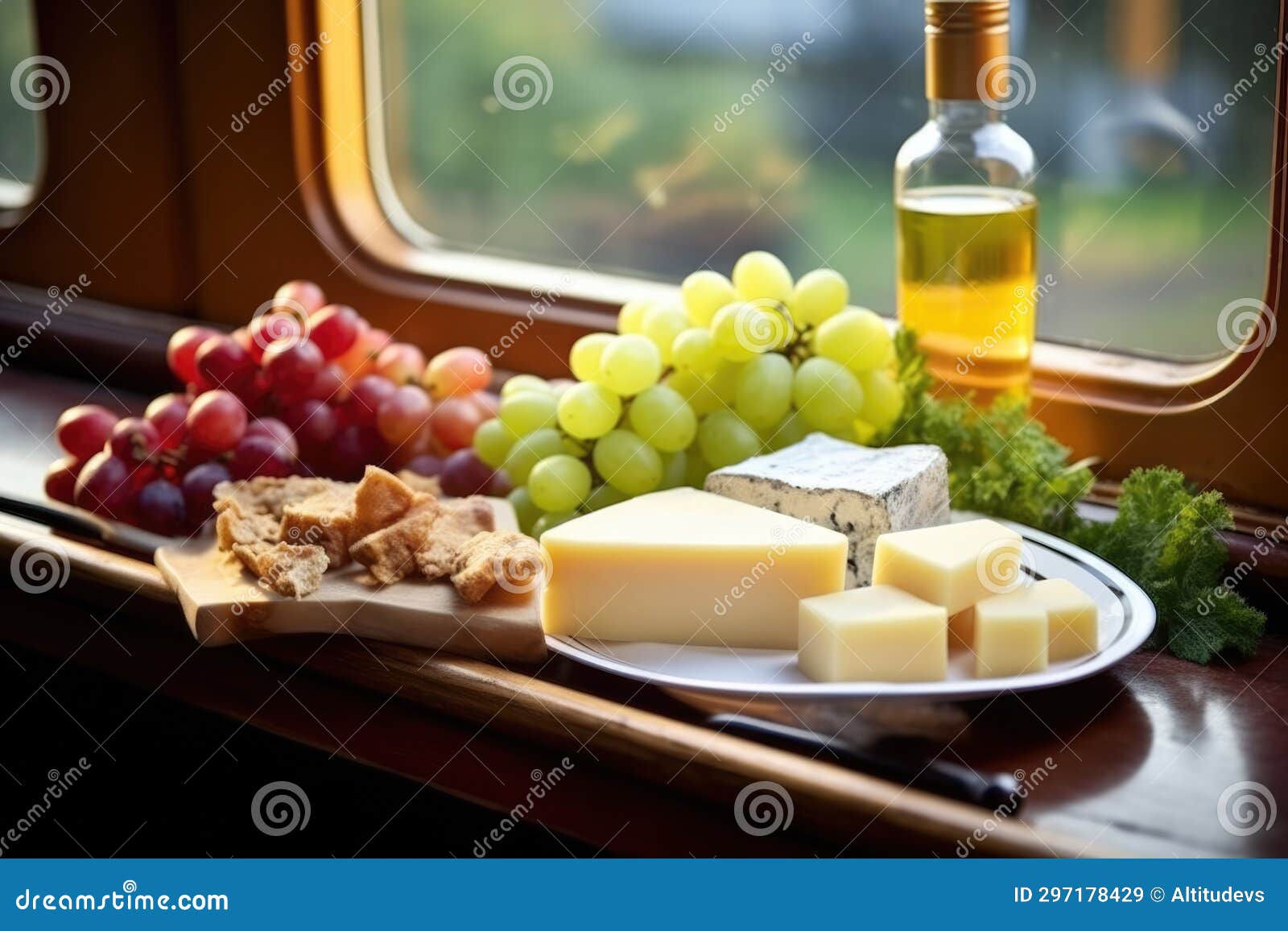 Tray of Assorted Cheese and Grapes on a Train Dining Table Stock Image ...