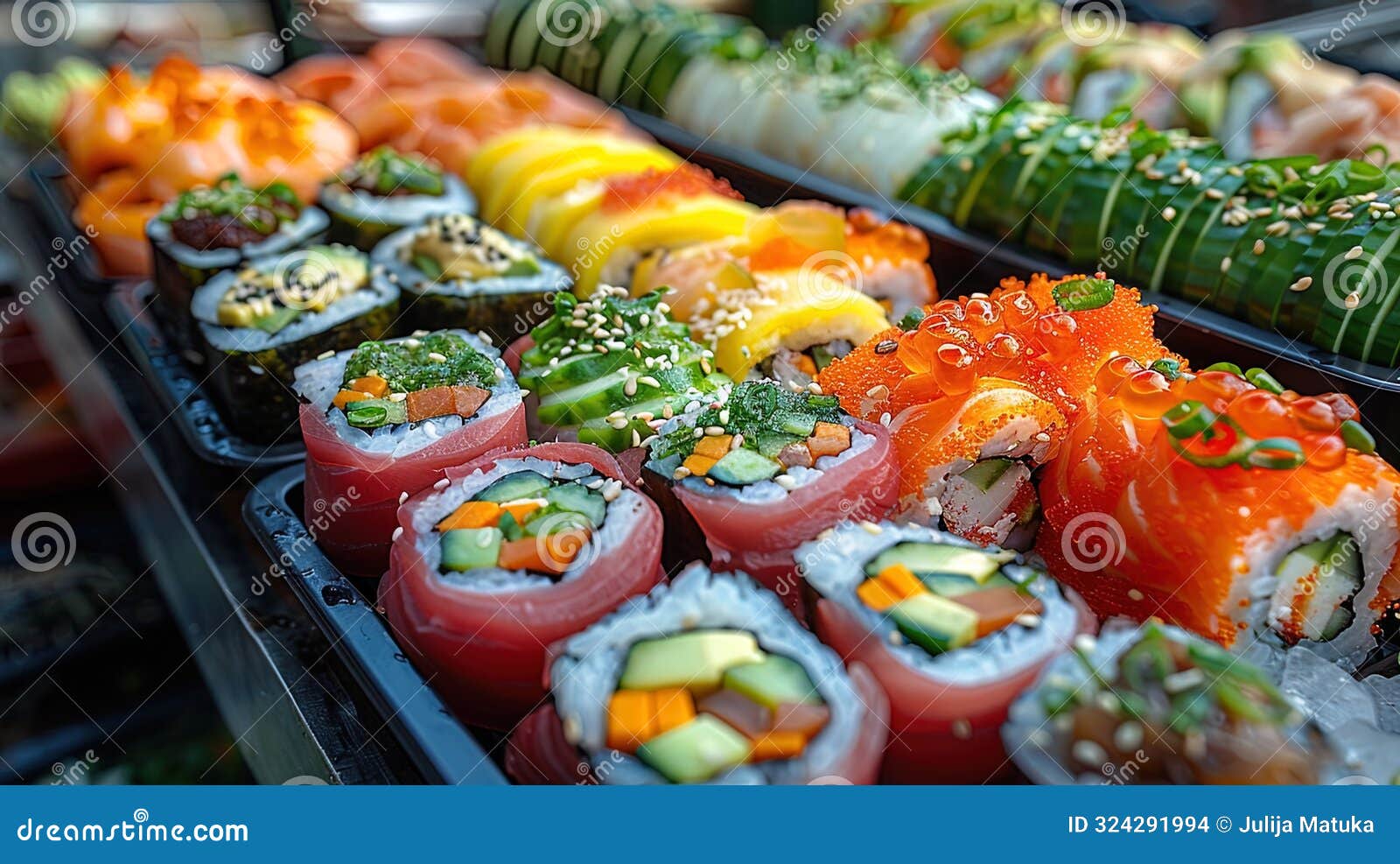A Tray of Assorted Sushi Rolls, Including Some with Avocado and ...