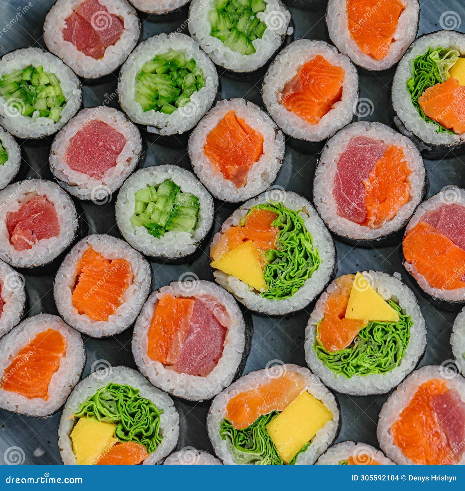 Tray of Assorted Sushi Rolls with Various Toppings Stock Photo - Image ...