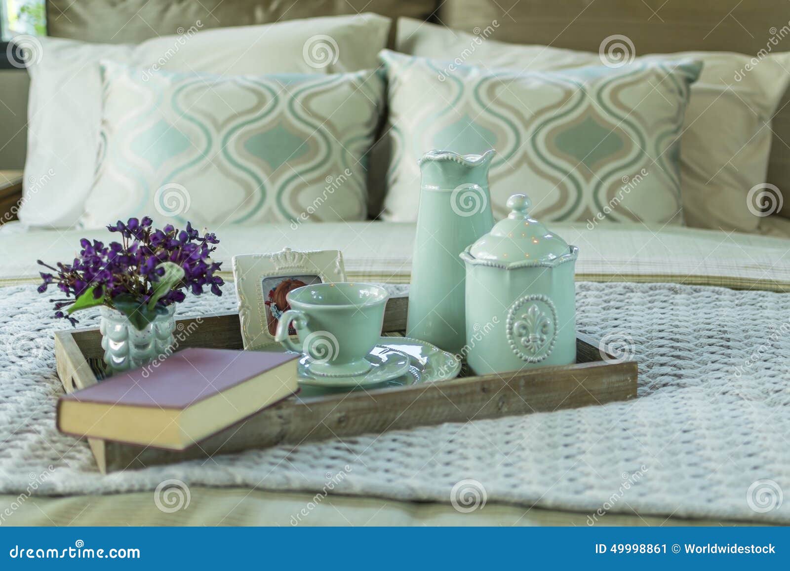 Tray with Book,tea Set and Flower on the Bed Stock Image - Image of ...