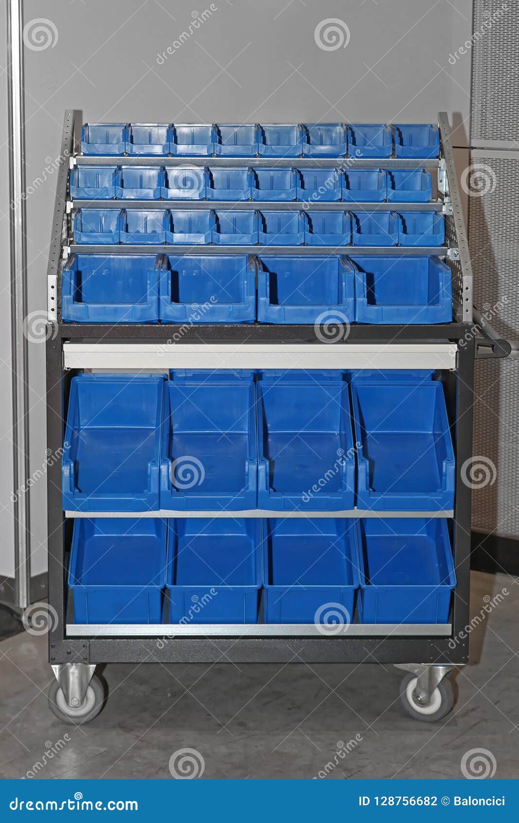 Plastic Bins Trays at Cart stock photo. Image of tray - 128756682