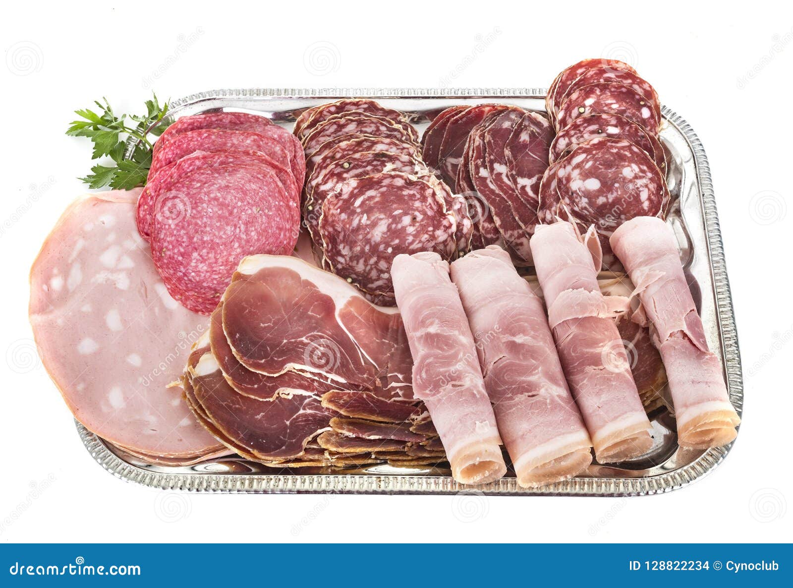 Tray of cooked meats stock photo. Image of parsley, salami - 128822234
