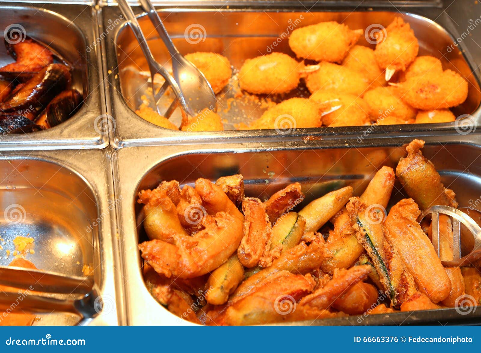 Tray with Deep Fried Foods and Fried Shrimp in the Restaurant Ta Stock ...