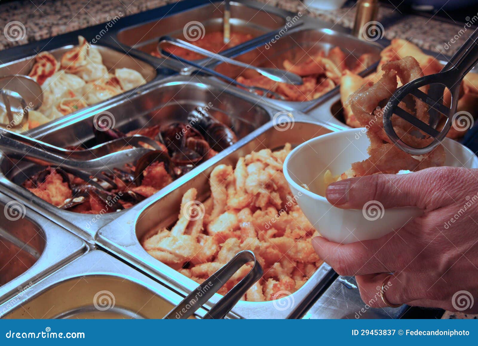 Tray Filled with Fried Meat and Fish within the Self Service Res Stock ...
