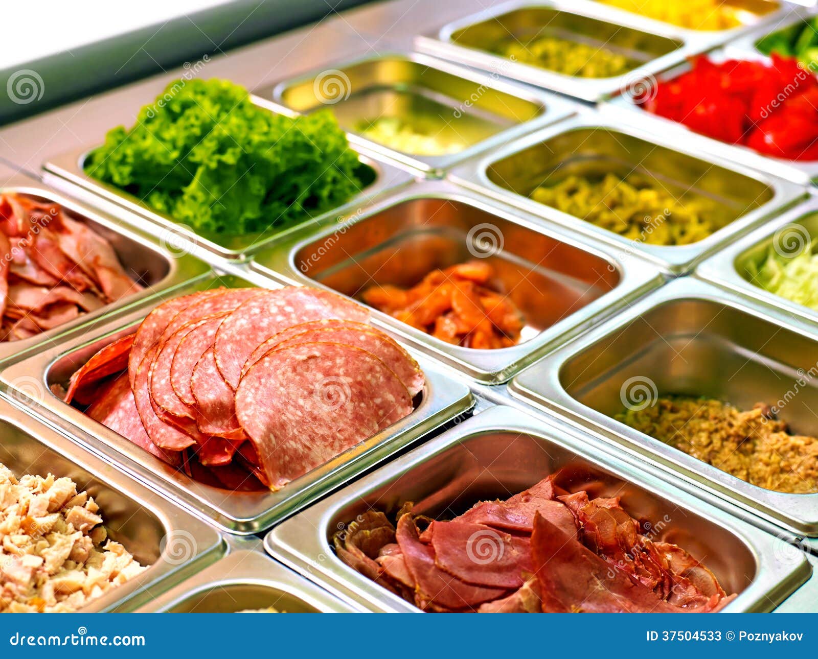 Tray with Food on Showcase at Cafeteria Stock Image - Image of buffet ...