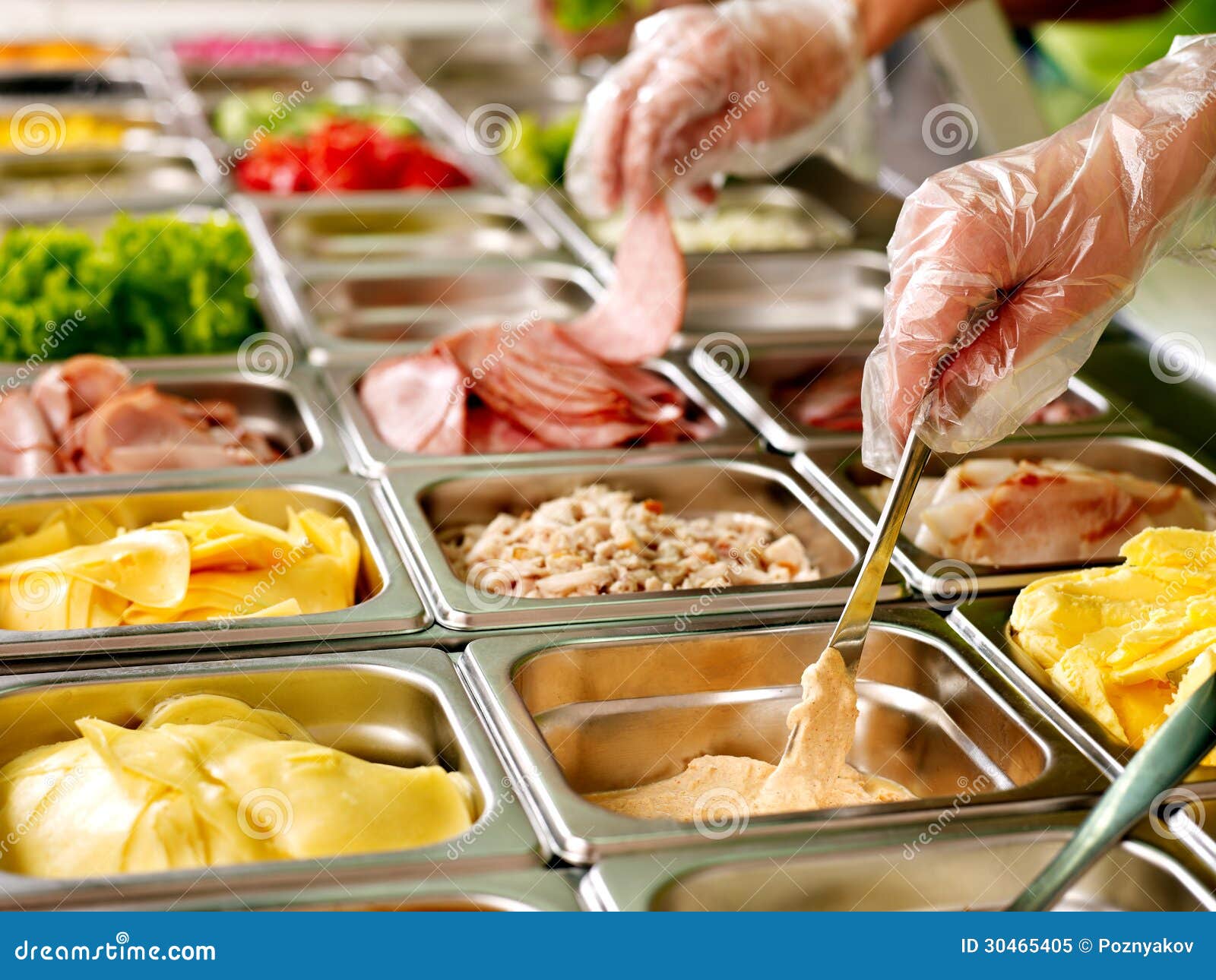Tray with Food on Showcase at Cafeteria Stock Image - Image of ...