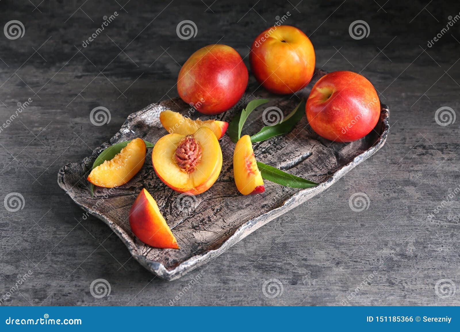 Tray with Fresh Peaches on Table Stock Photo - Image of peach, dark ...