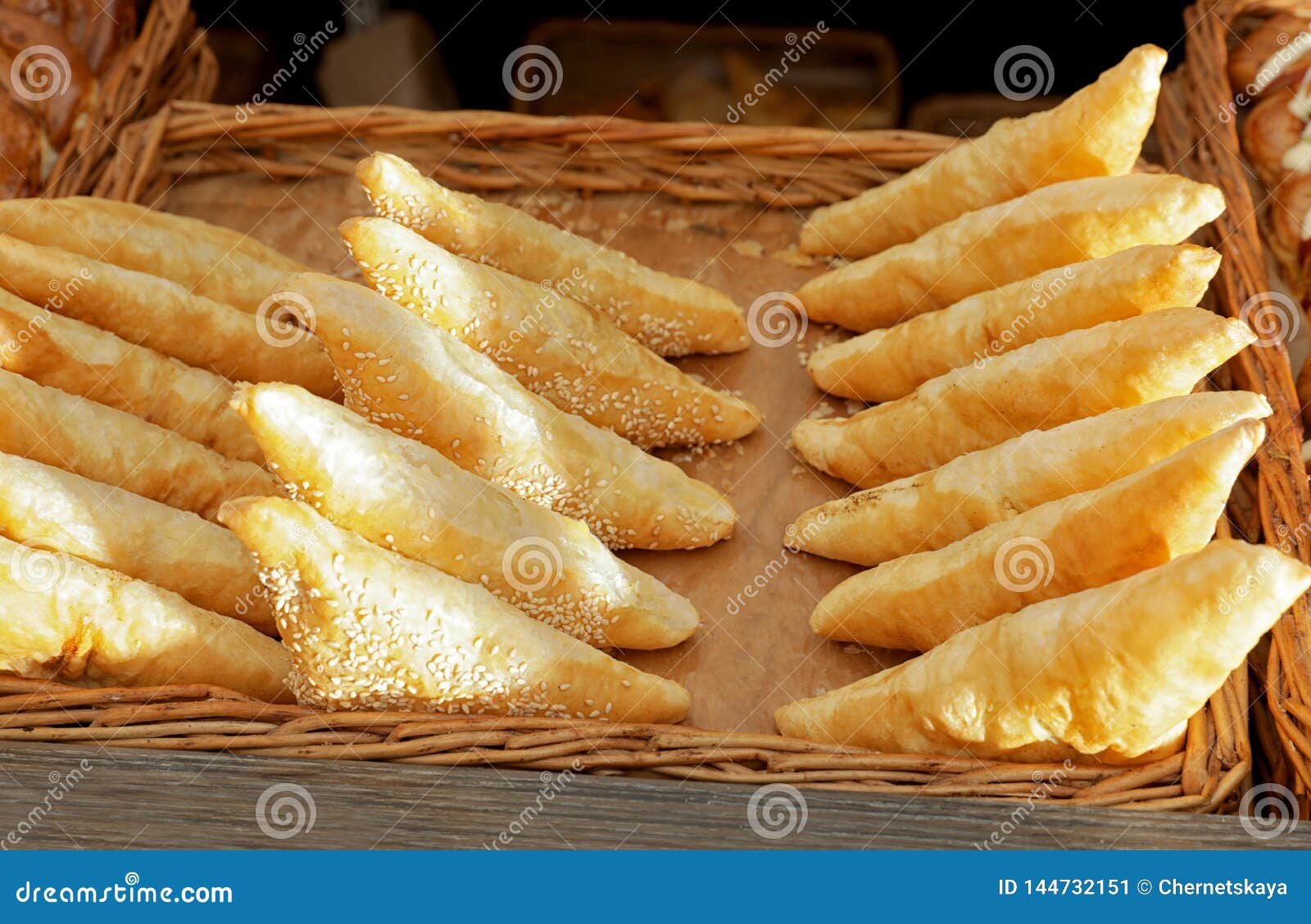 Tray with Puff Pastry Turnovers on Bakery Showcase Stock Image - Image ...