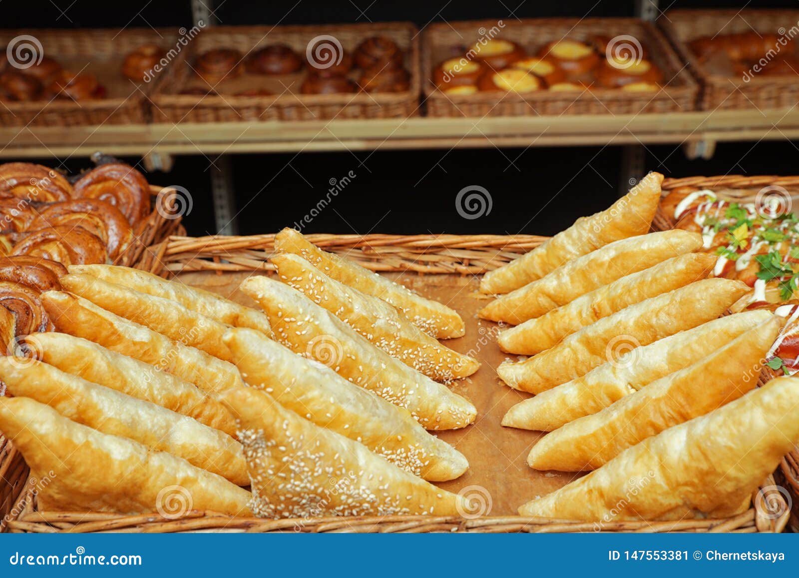 Tray with Puff Pastry Turnovers on Bakery Showcase Stock Image - Image ...