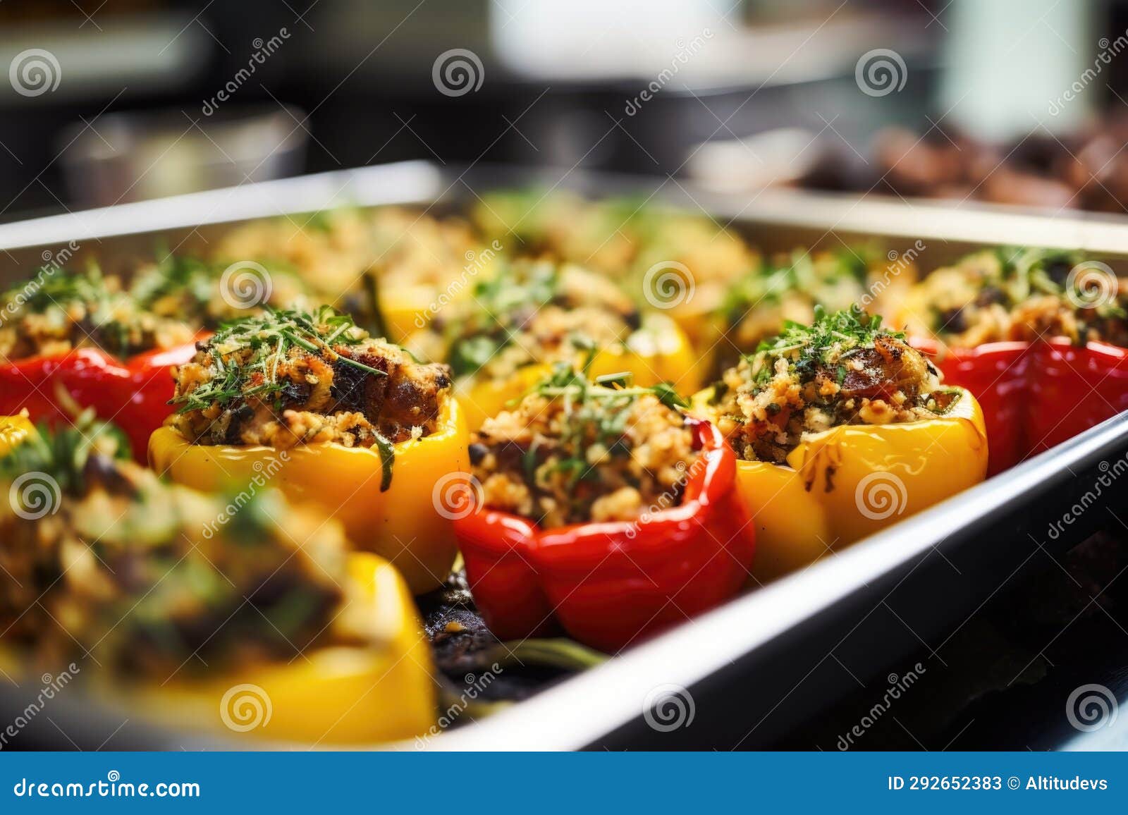 Tray of Fresh Smoked Stuffed Peppers in a Professional Kitchen Setting ...
