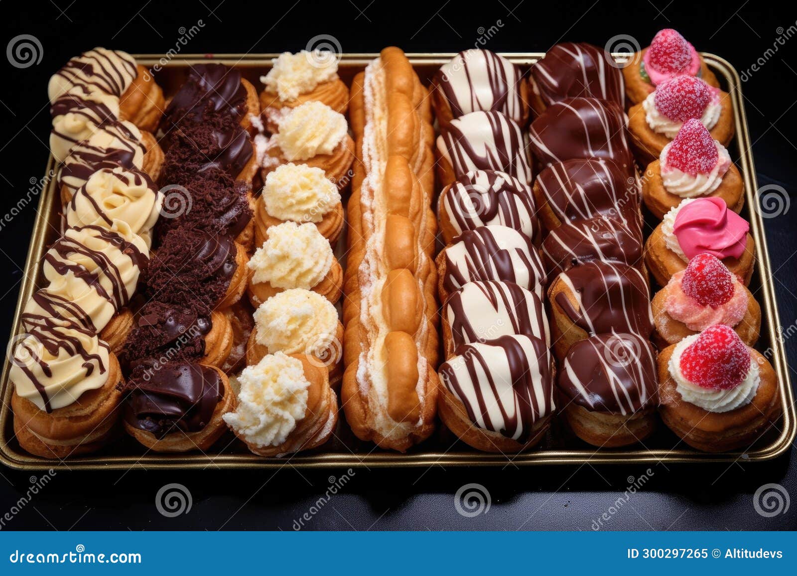 A Tray Full of Eclairs with Various Toppings: Chocolate, Vanilla, and ...
