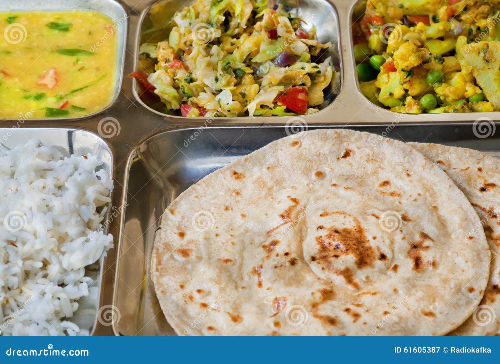 Tray with Indian Dish Thali, Subji, Rice and Chapati Bread Stock Image ...