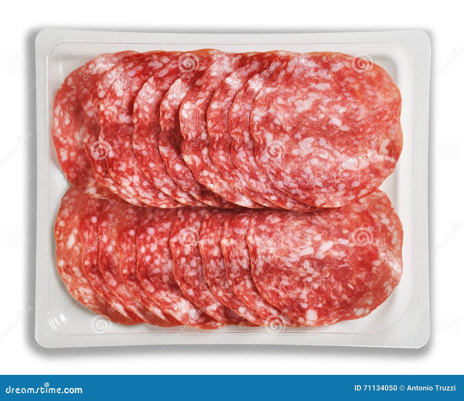 Tray Packaged of Presliced Salame Stock Photo - Image of slice, white ...