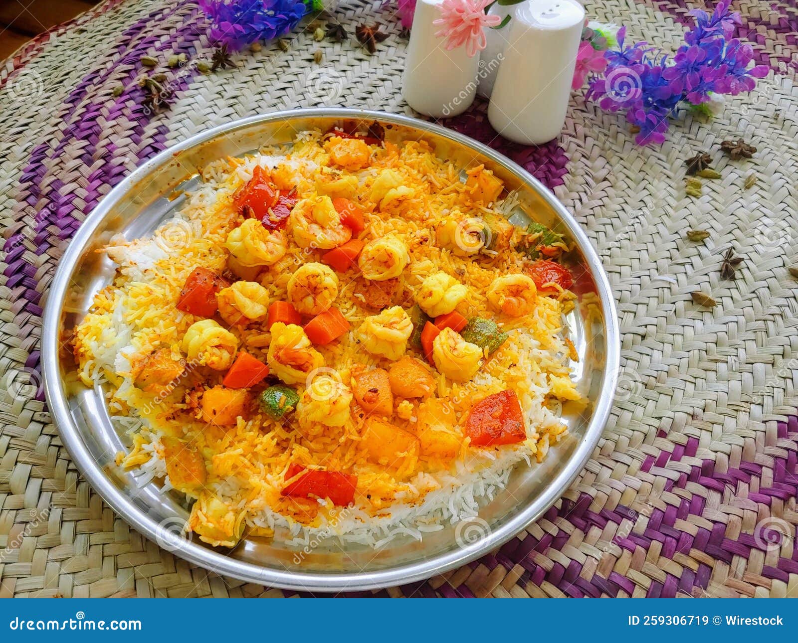 Tray of Prawn Biryani on a Woven Surface Stock Image - Image of indian ...