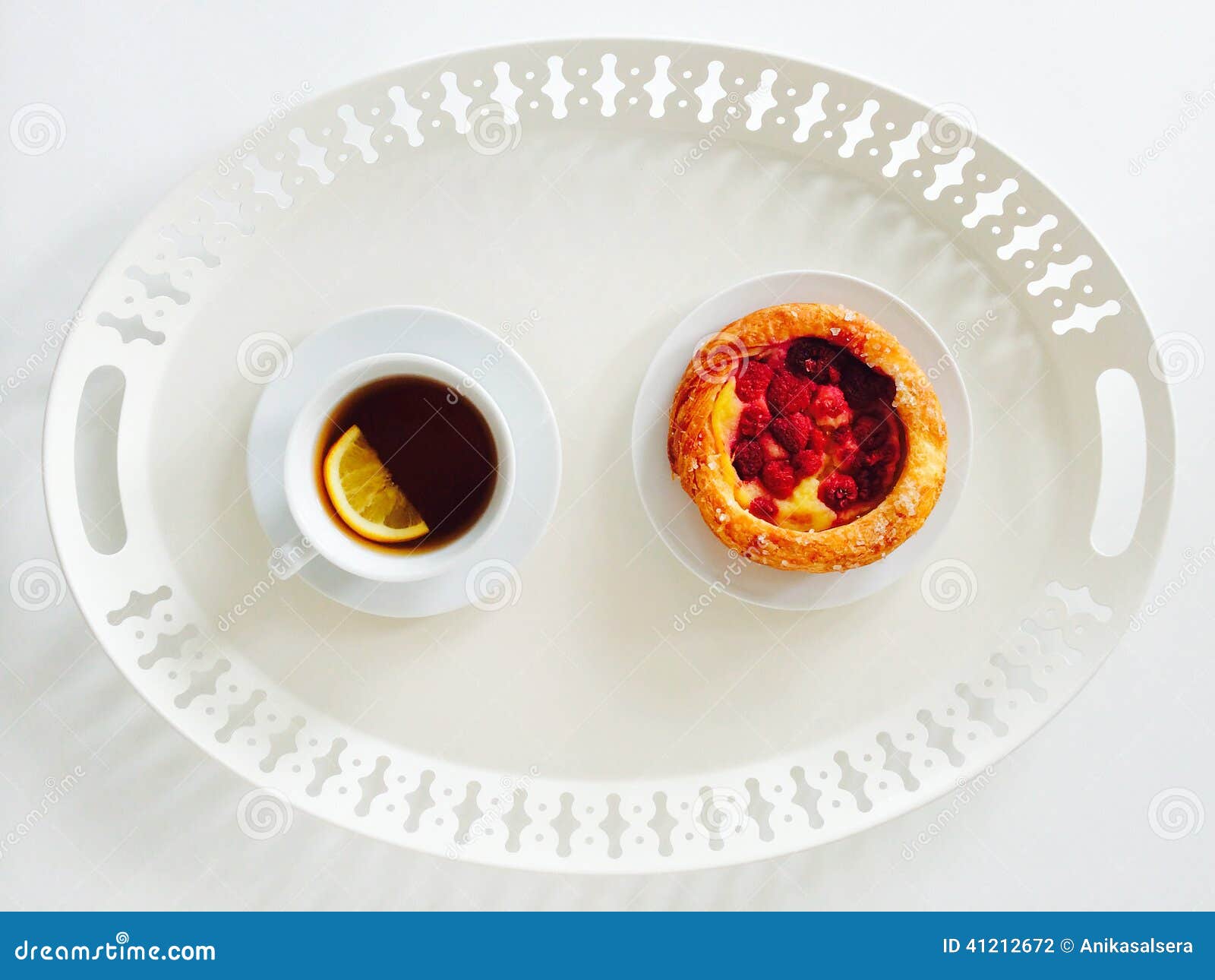 Tray with Raspberry Pastry and Cup of Tea Stock Photo - Image of pastry ...