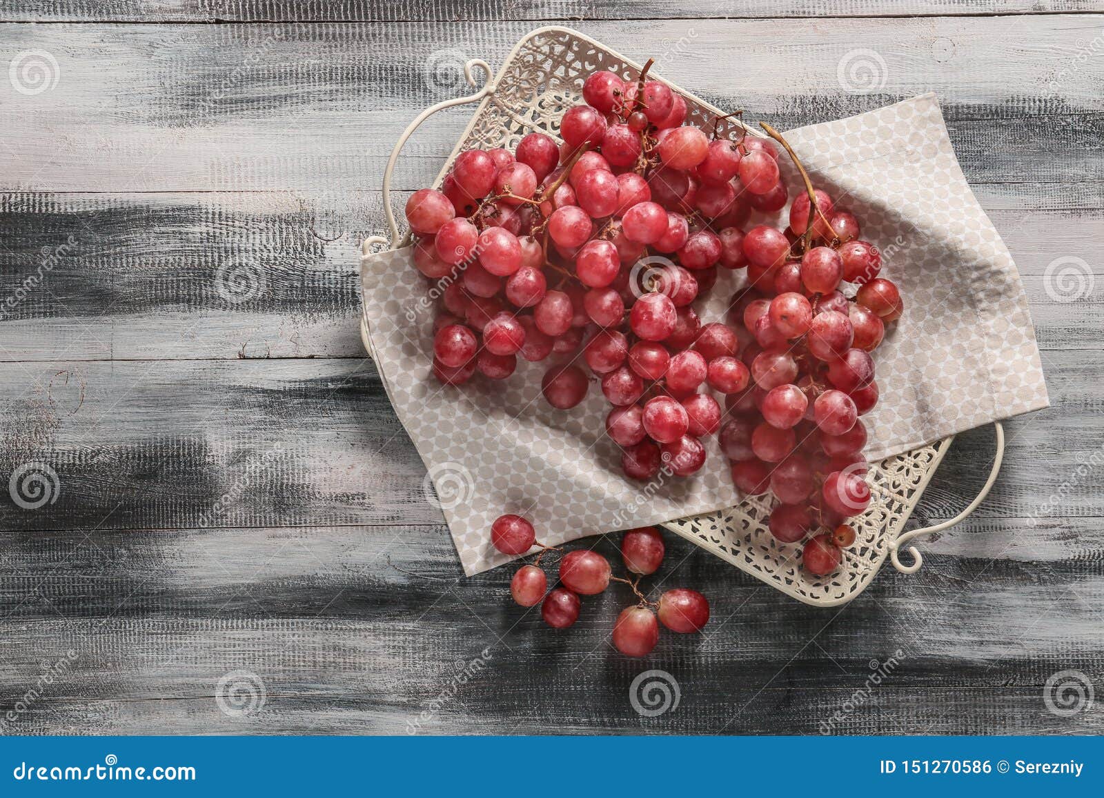 Tray with Red Grapes on Wooden Table Stock Photo - Image of space ...