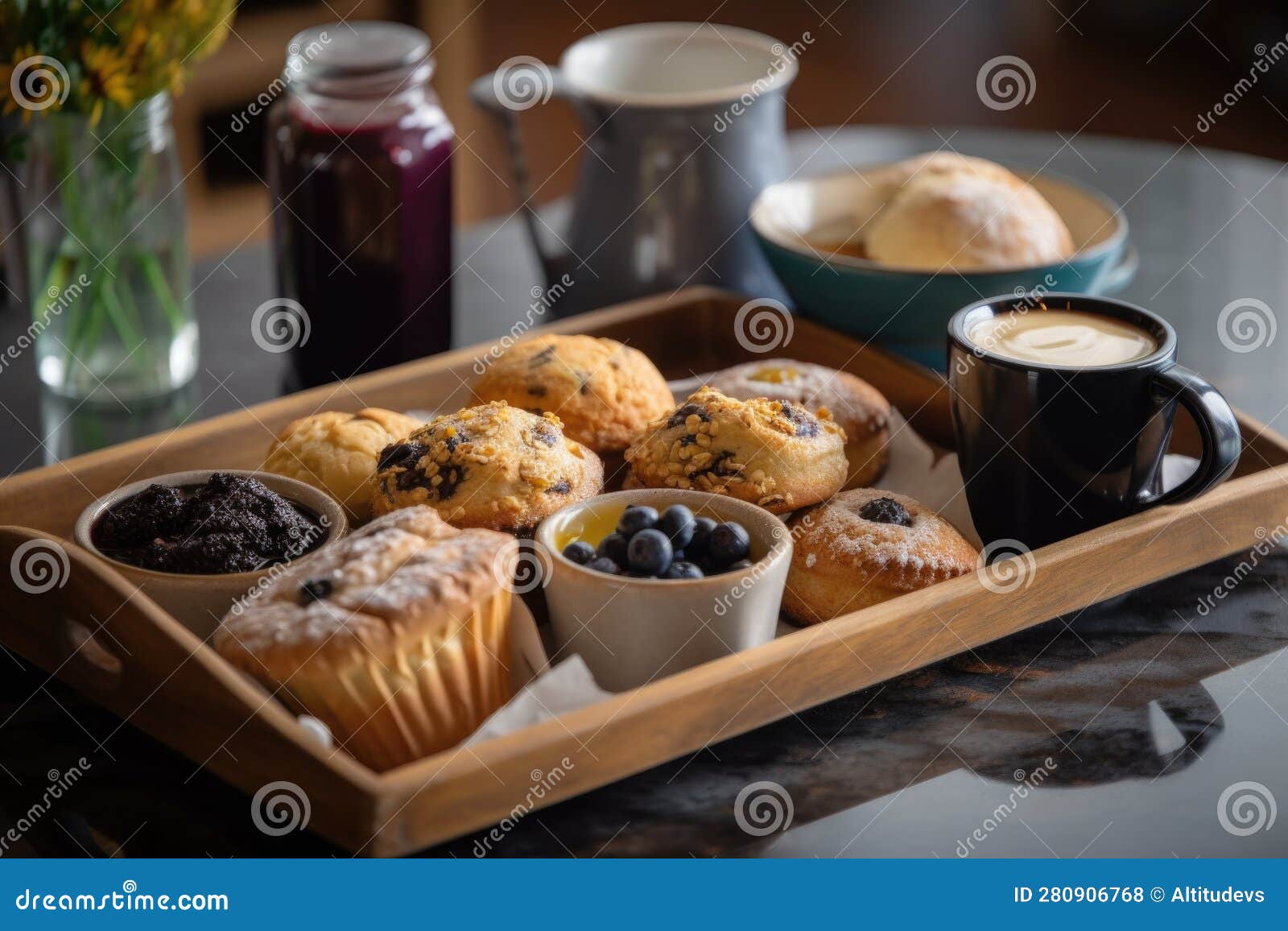 Tray of Scones, Muffins, and Pastries with Selection of Teas and Coffee ...