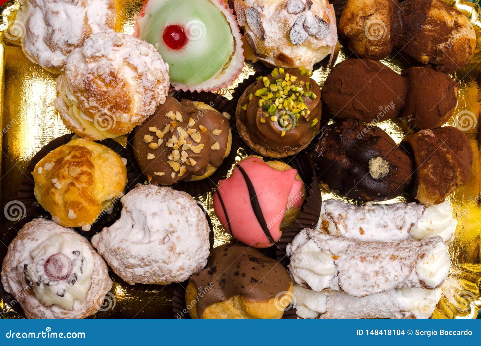 Tray of Sicilian pastries stock photo. Image of cooking - 148418104