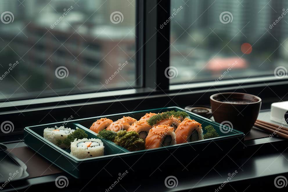 A Tray of Sushi Sitting on a Table Next To a Window Stock Illustration ...