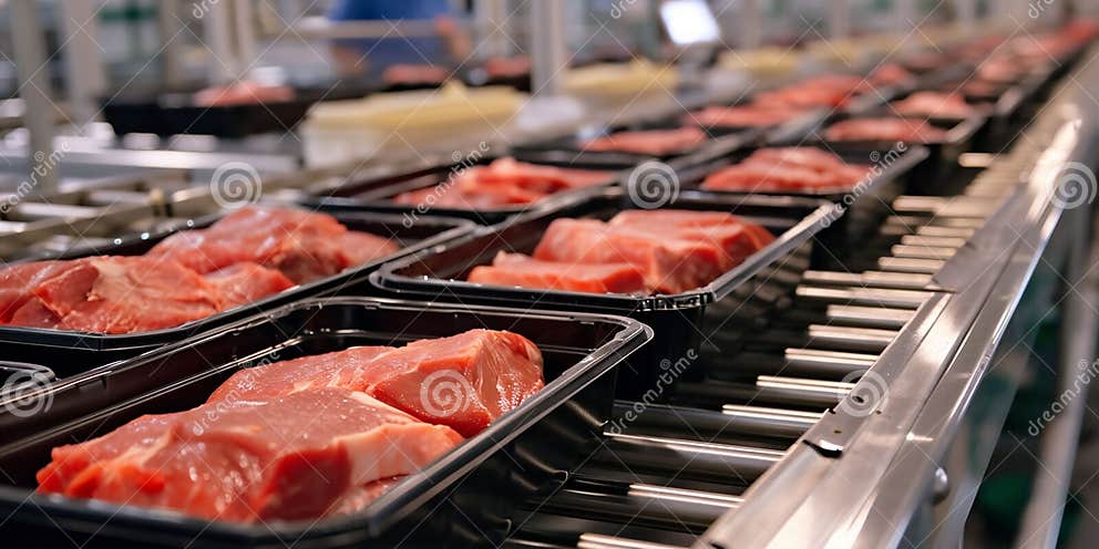 Trays of Red Meat Progress through an Automated Processing Line, Inside ...