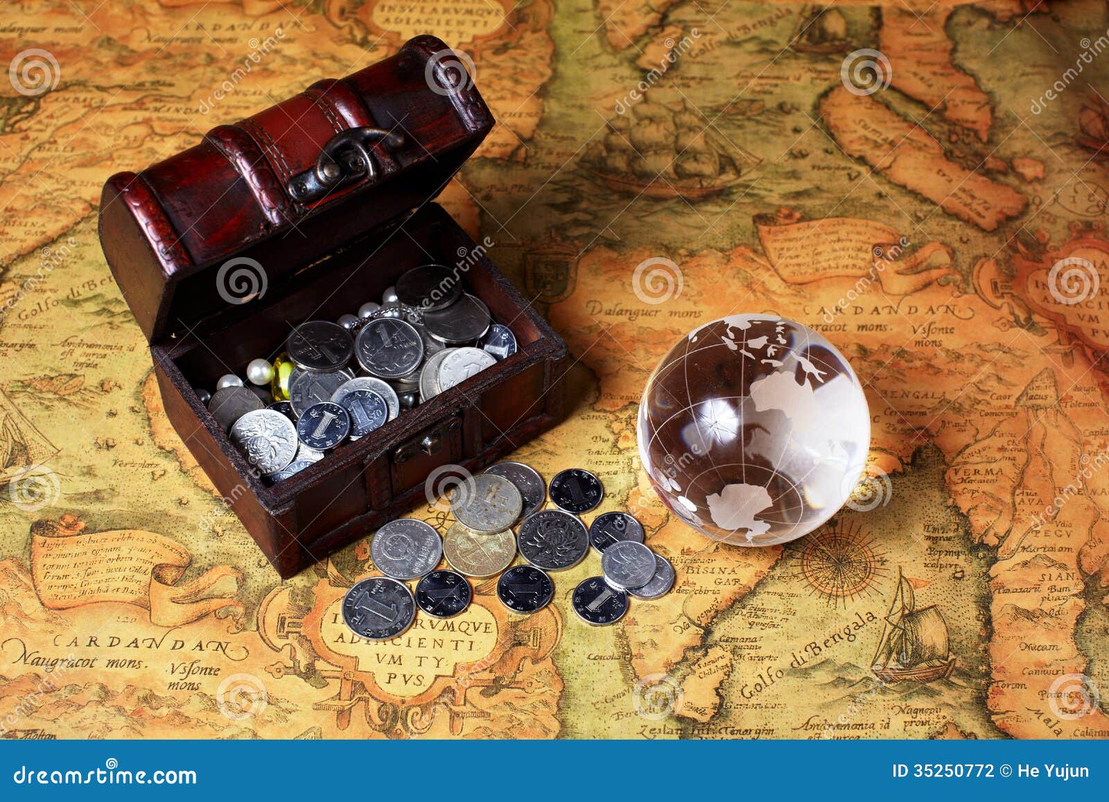 Treasure Box , Coins and Globe on Ancient Map Background Stock Photo ...