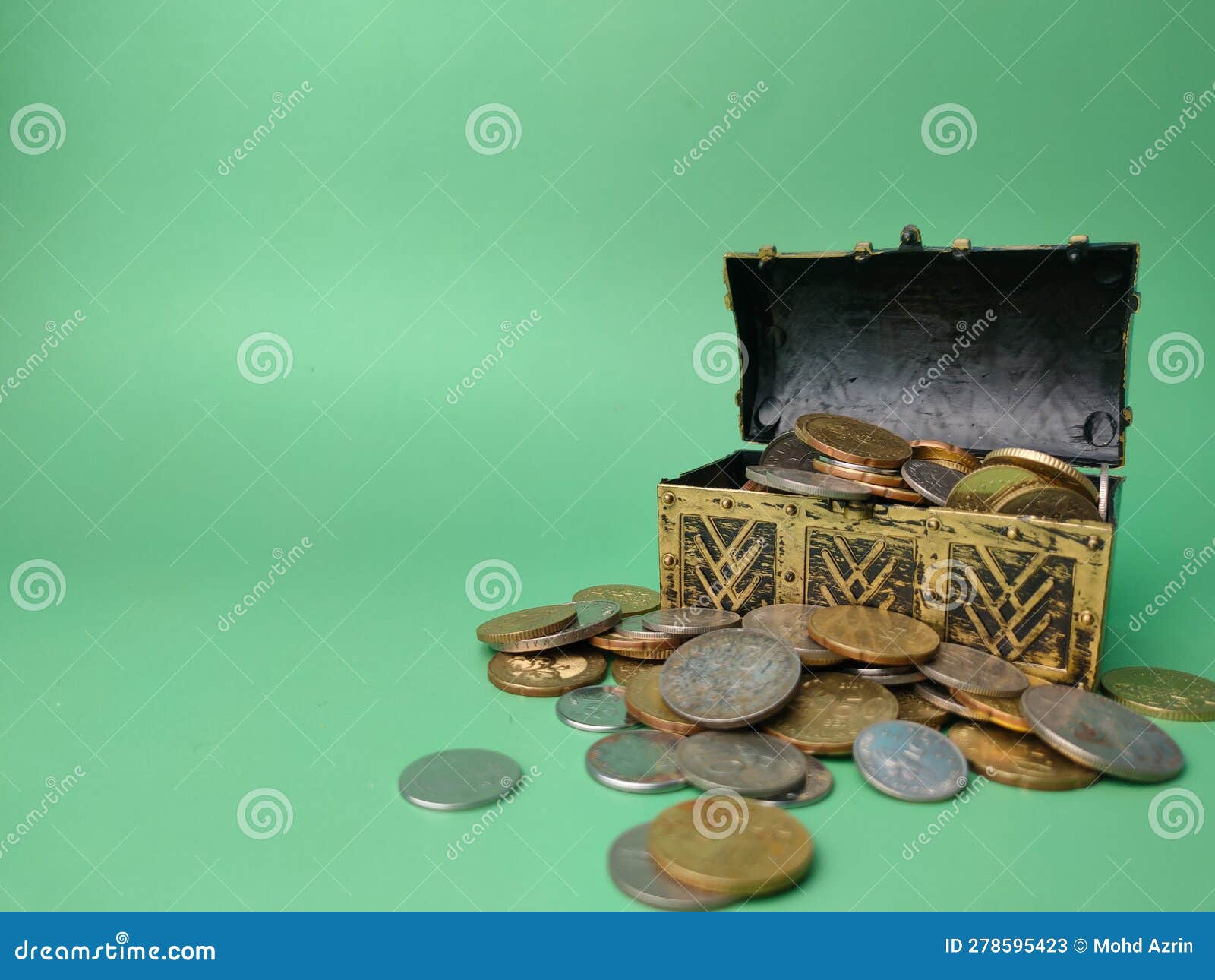 Treasure Box with Coins on a Soft Green Stock Image - Image of drapery ...