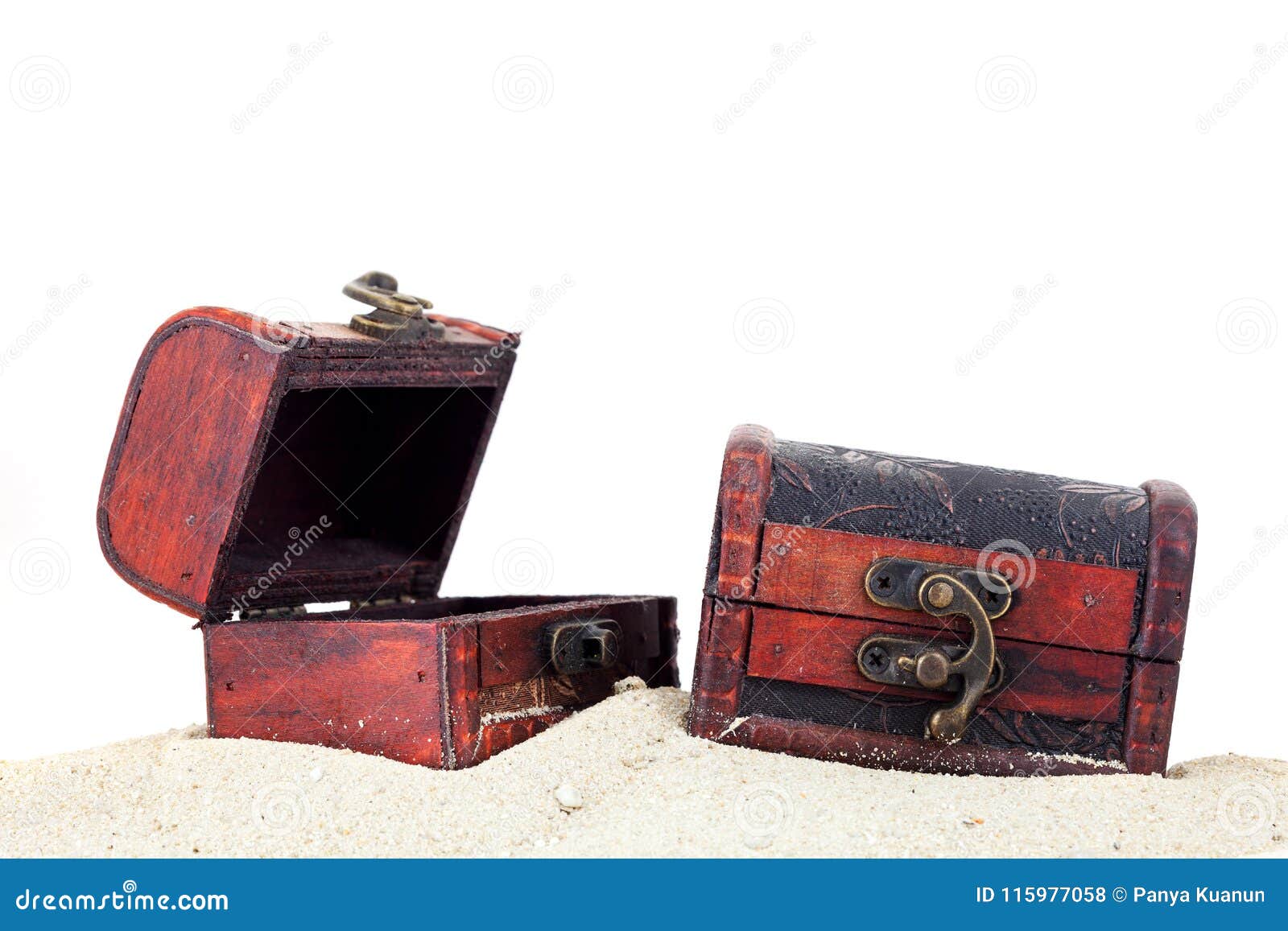 Treasure Box on Sand Isolated White Background. Stock Photo - Image of ...