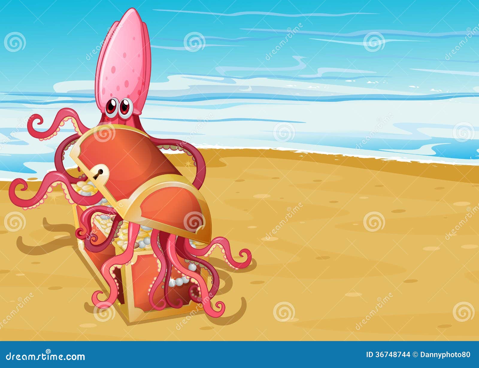 A Treasure Box at the Sea with an Octopus Stock Illustration ...
