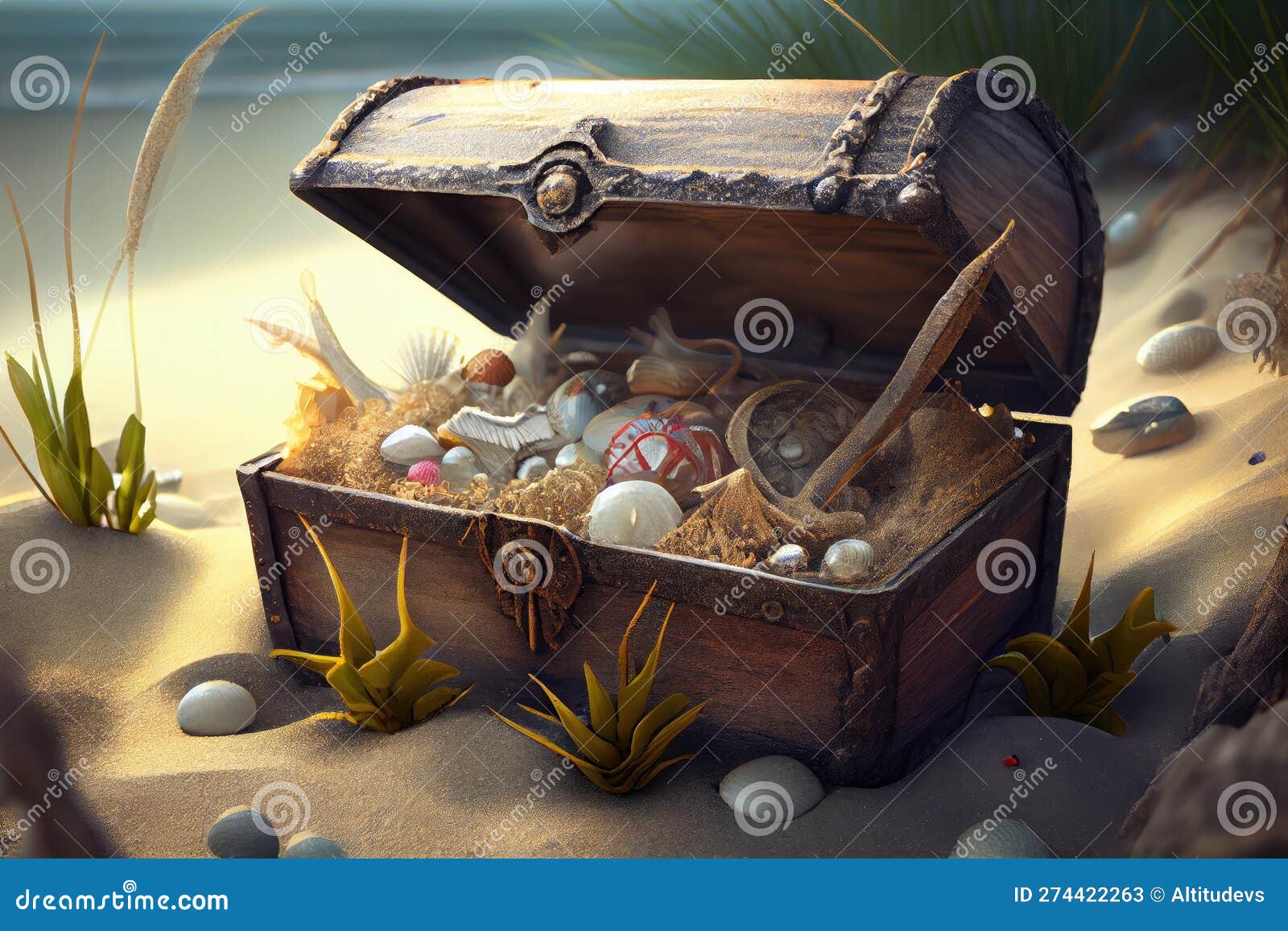 Treasure Chest on the Beach, Surrounded by Seaweed and Shells Stock ...