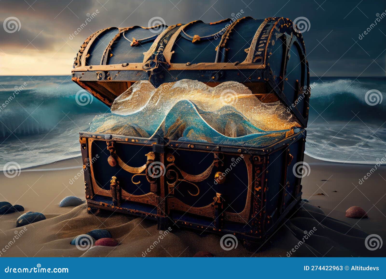 Treasure Chest on a Beach, with the Waves Rolling in and Out Stock ...