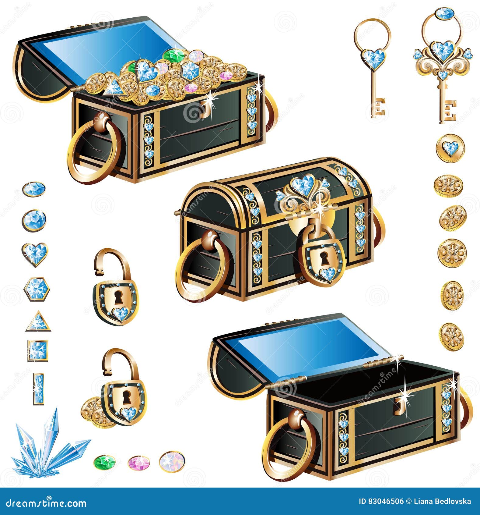 Treasure Chest with Blue Decoration Set Stock Vector - Illustration of ...