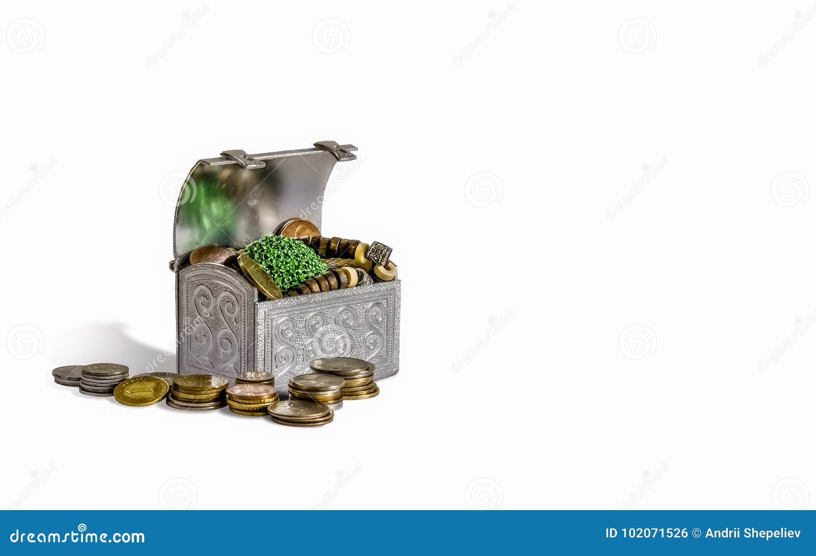 Treasure chest with coins stock photo. Image of coins - 102071526