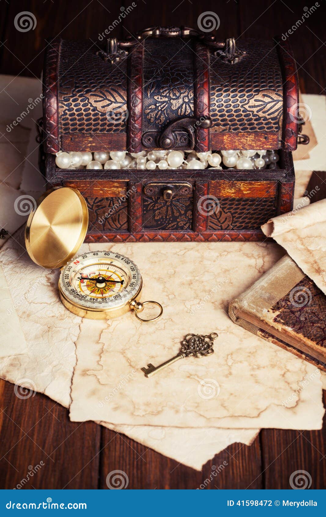 Treasure Chest, Compass and Old Map Stock Photo - Image of open, jewel ...