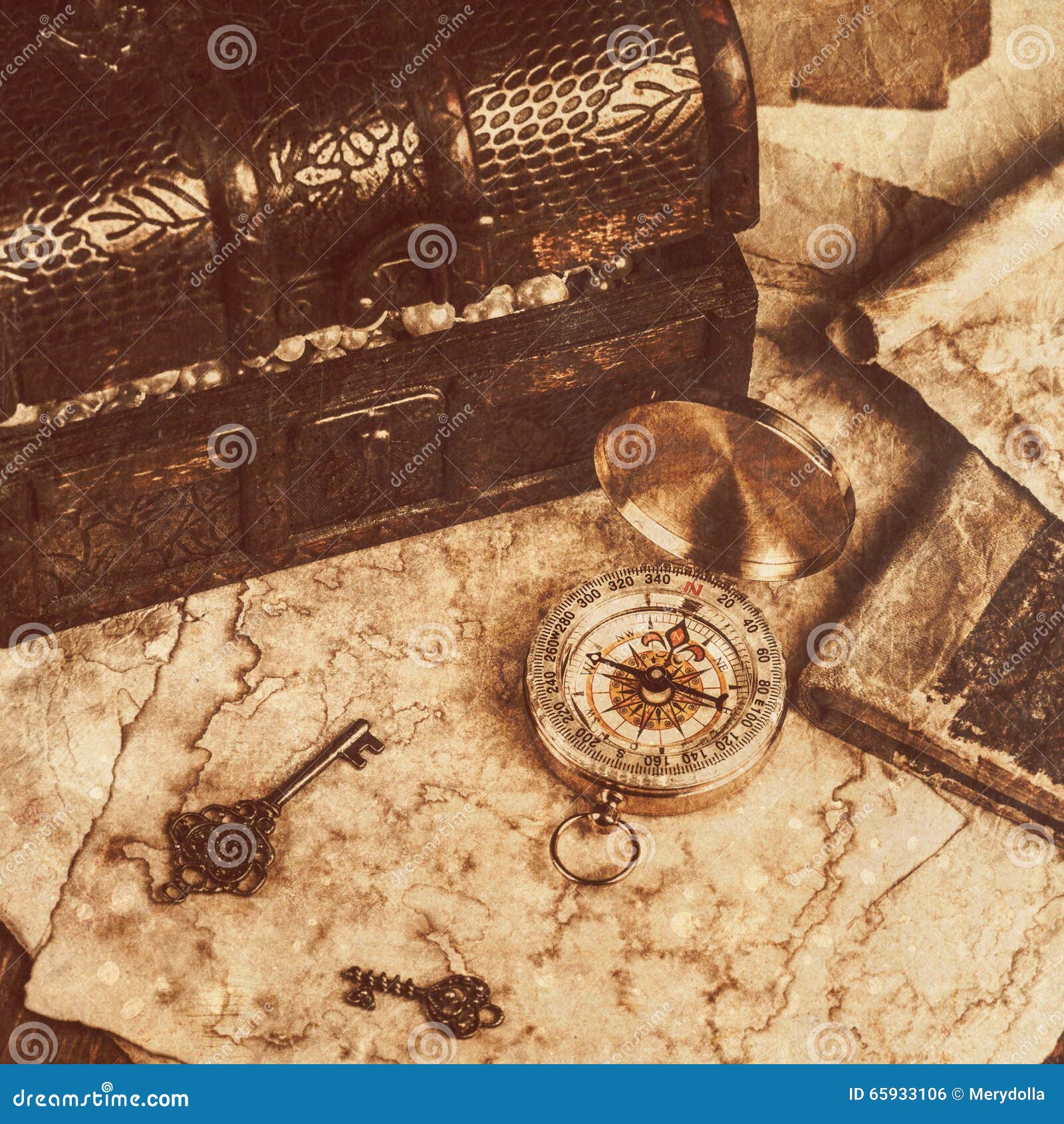 Treasure Chest, Compass and Old Map Stock Photo - Image of golden ...