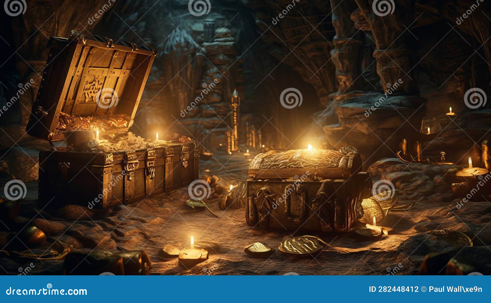 Treasure Chest Full of Shiny Gold Coins in a Cave. Stock Photo - Image ...