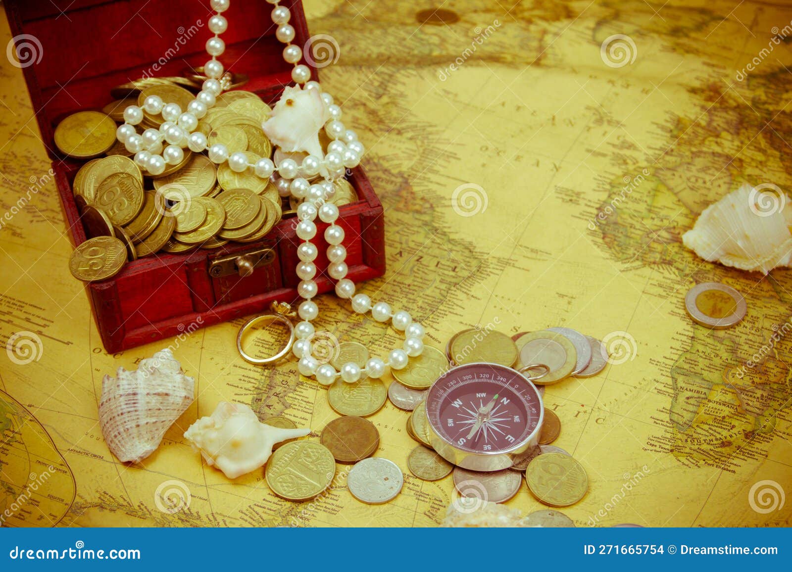 Treasure Chest with Jewelry and Coins, Compass and Shells on Vintage ...