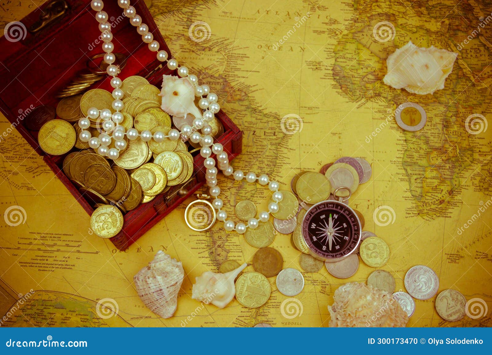 Treasure Chest with Jewelry and Coins, Compass and Shells on Vintage ...