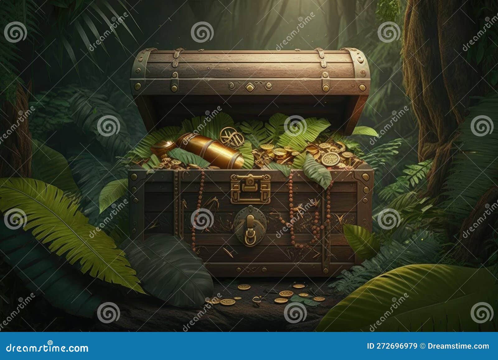 Treasure Chest in the Jungle with Gold Coins Stock Illustration ...