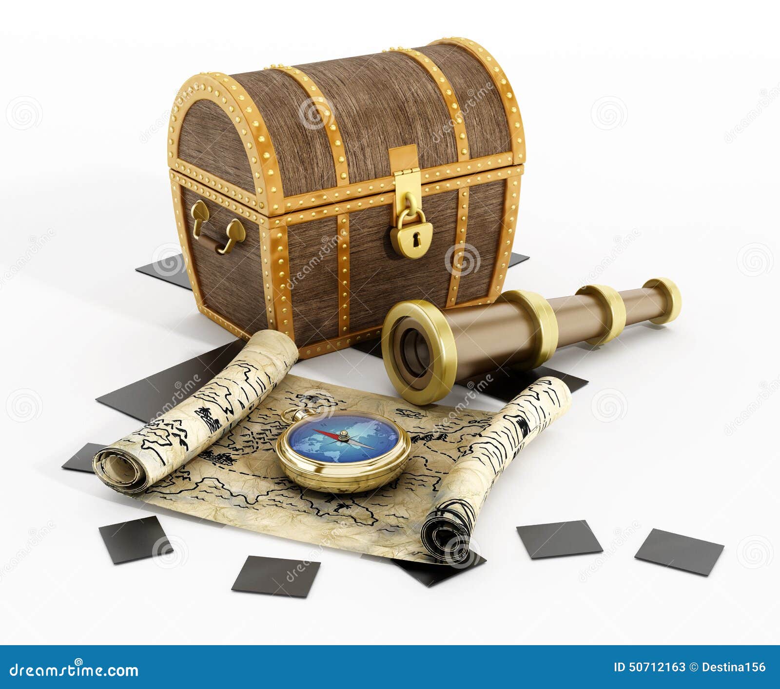Treasure Chest Map Compass Looking Glass Stock Illustrations – 9 ...