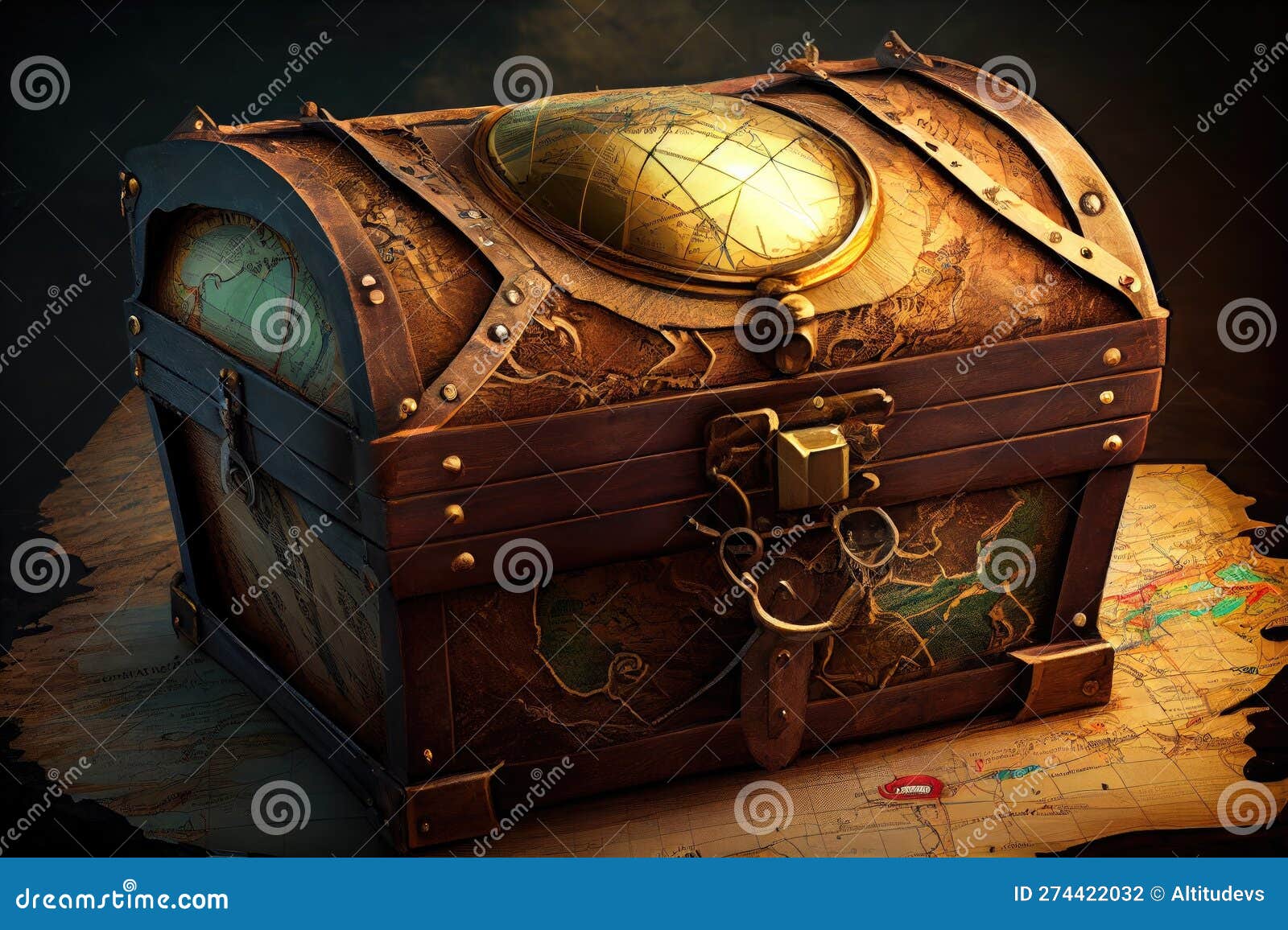 Treasure Chest, with a Map and Compass Tucked Inside Stock Illustration ...