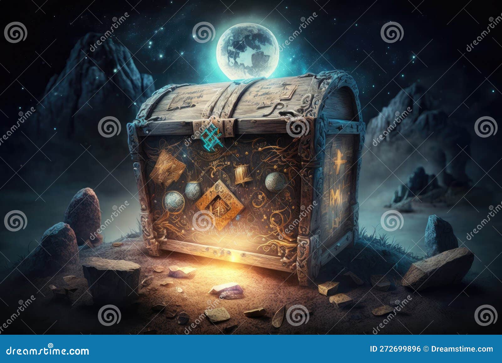 Treasure Chest on the Moon Decorated with Magic Signs and Runes Stock ...