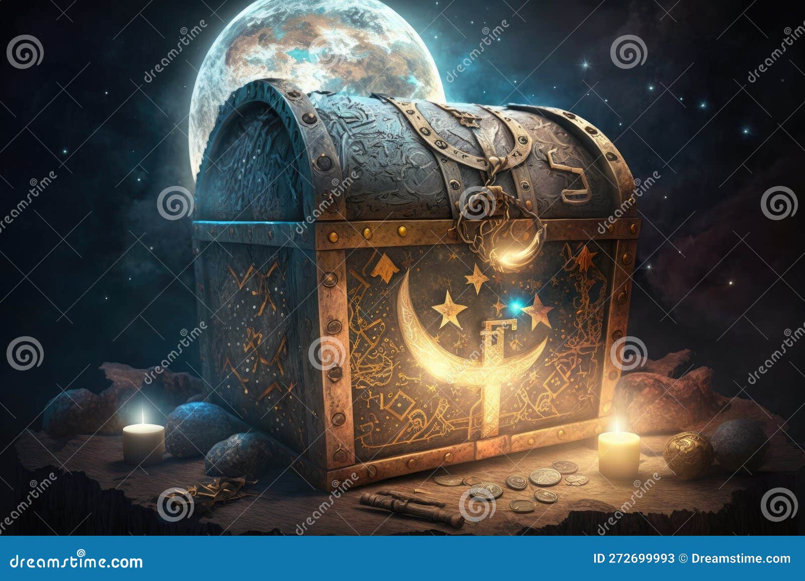 Treasure Chest on the Moon Decorated with Magic Signs and Runes Stock ...